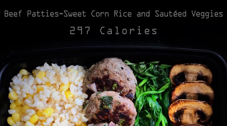 Beef Patties-Sweet Corn Rice and Sauteed Veggies